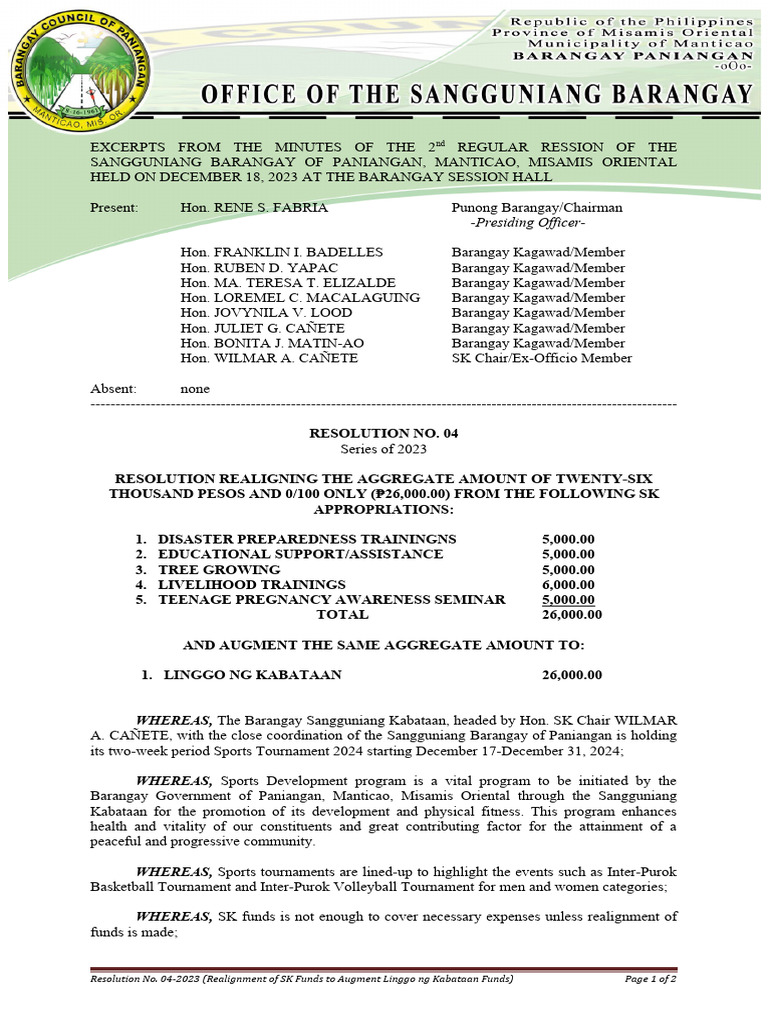 Resolution No. 04 - 2023 (Realignment of SK Funds) | PDF