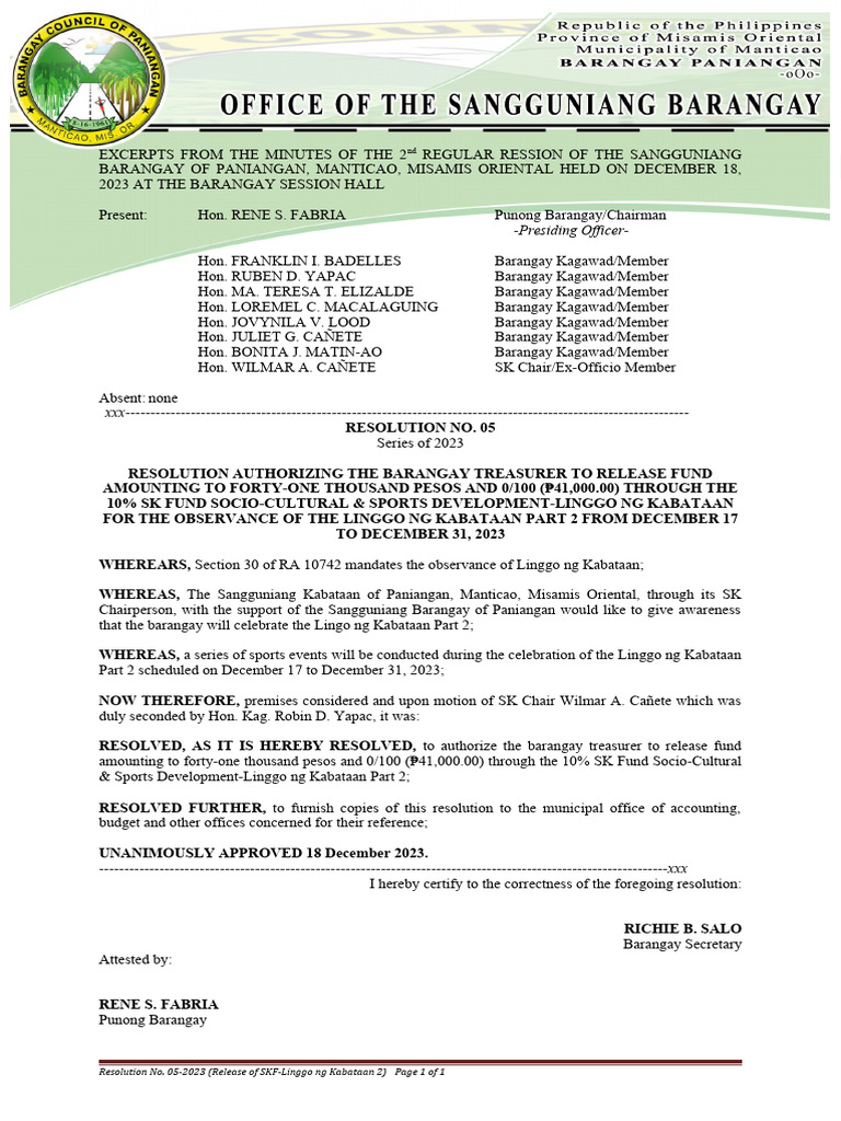 Resolution No. 05-2023 (Release of SK Funds) | PDF