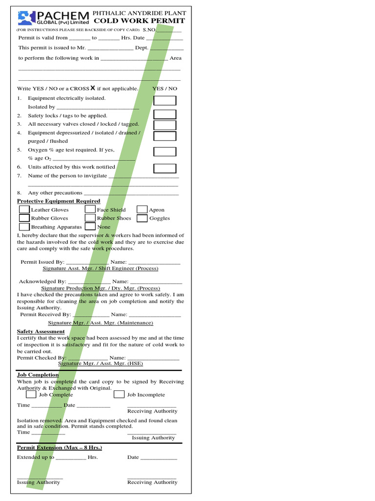 Cold Work Permit - Sample 1 | PDF | Personal Protective Equipment ...