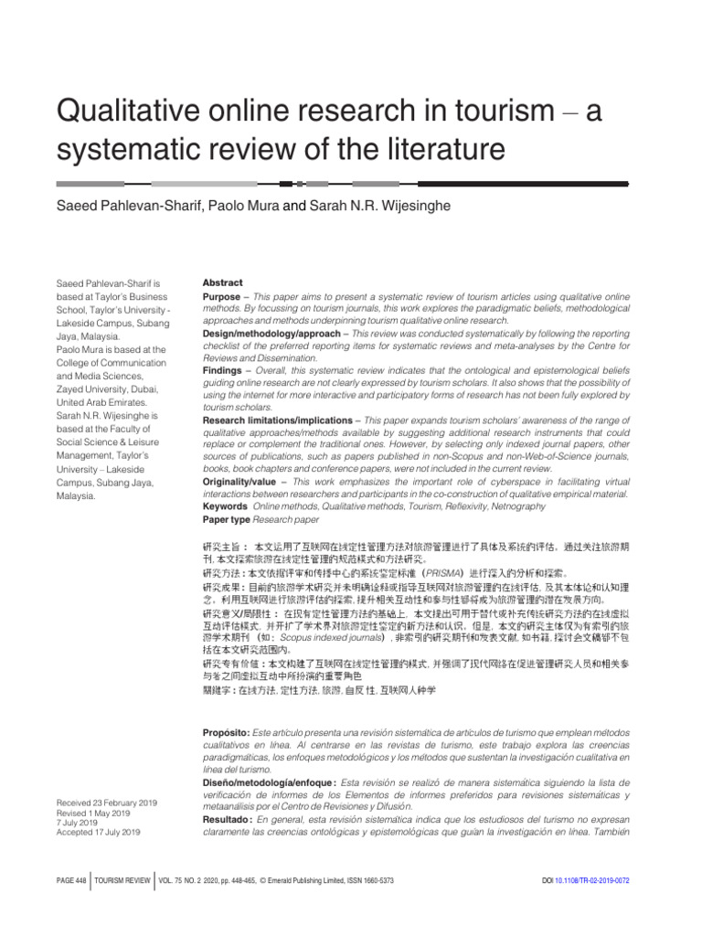 Qualitative Online Research in Tourism - A Systematic Literature Review ...