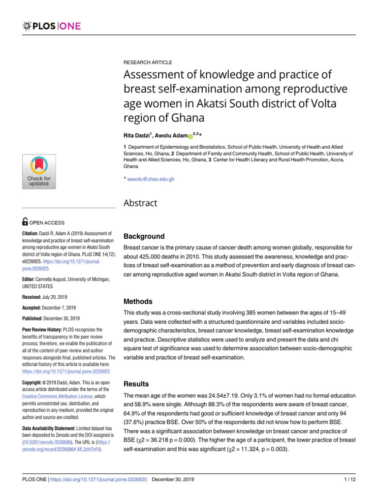 Assessment of Knowledge and Practice of Breast Self-Examination Among Reproductive Age Women in ...
