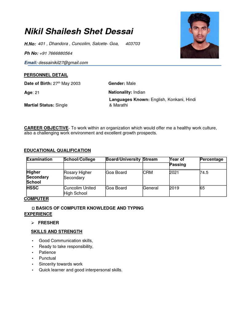 Nikil Shailesh Shet Dessai: 401, Dhandora, Cuncolim, Salcete-Goa, 403703 | PDF