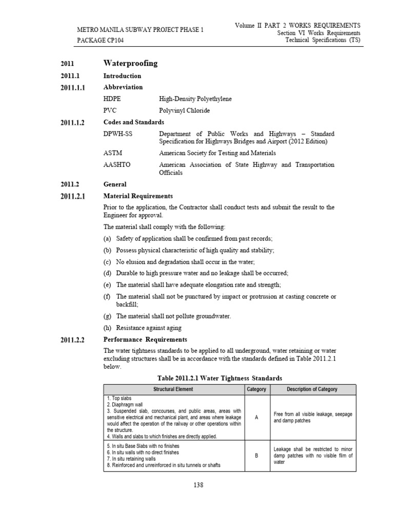 Technical Specifications Waterproofing Pdf Concrete Adhesive