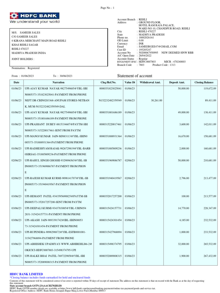 June 2023 Bank Statement for Sameer Sales | PDF | Payments | Service Industries