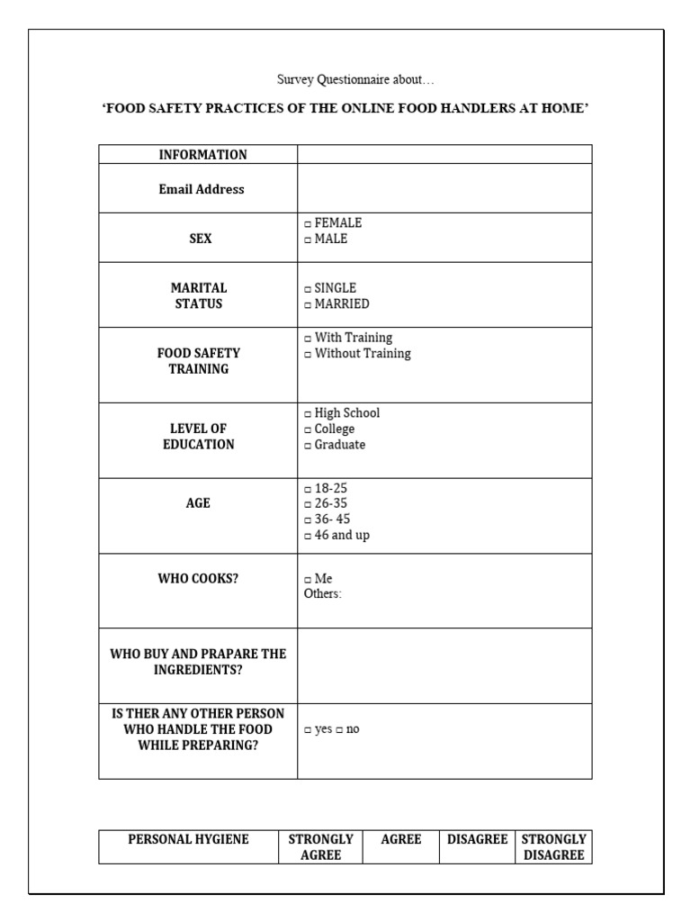 Survey Questionnaire | PDF | Cooking | Food Safety