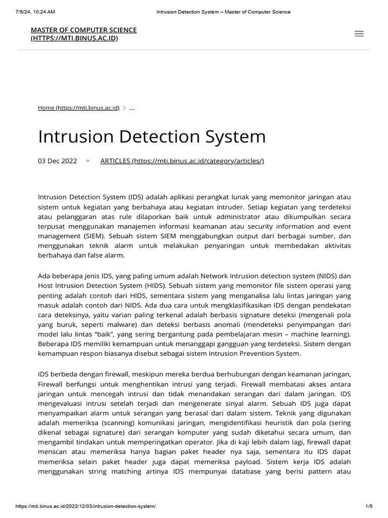 Intrusion Detection System - Master of Computer Science | PDF