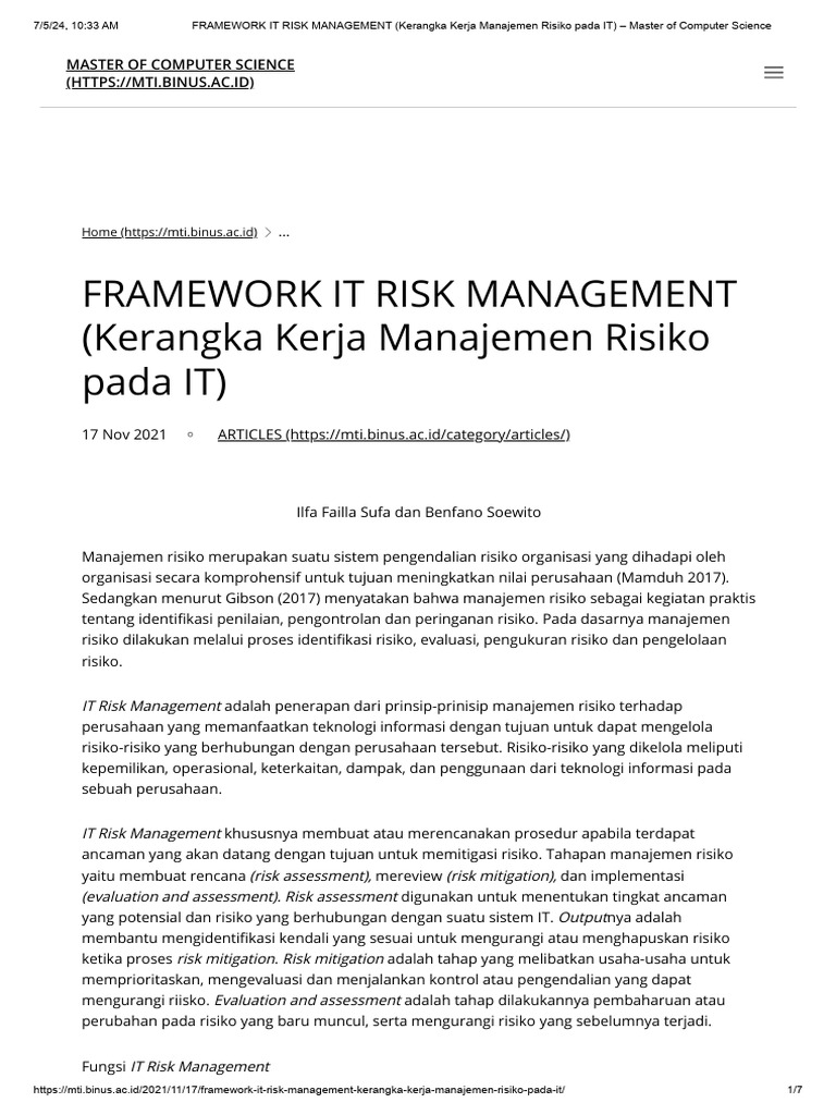 FRAMEWORK IT RISK MANAGEMENT (Kerangka Kerja Manajemen Risiko Pada IT) - Master of Computer ...
