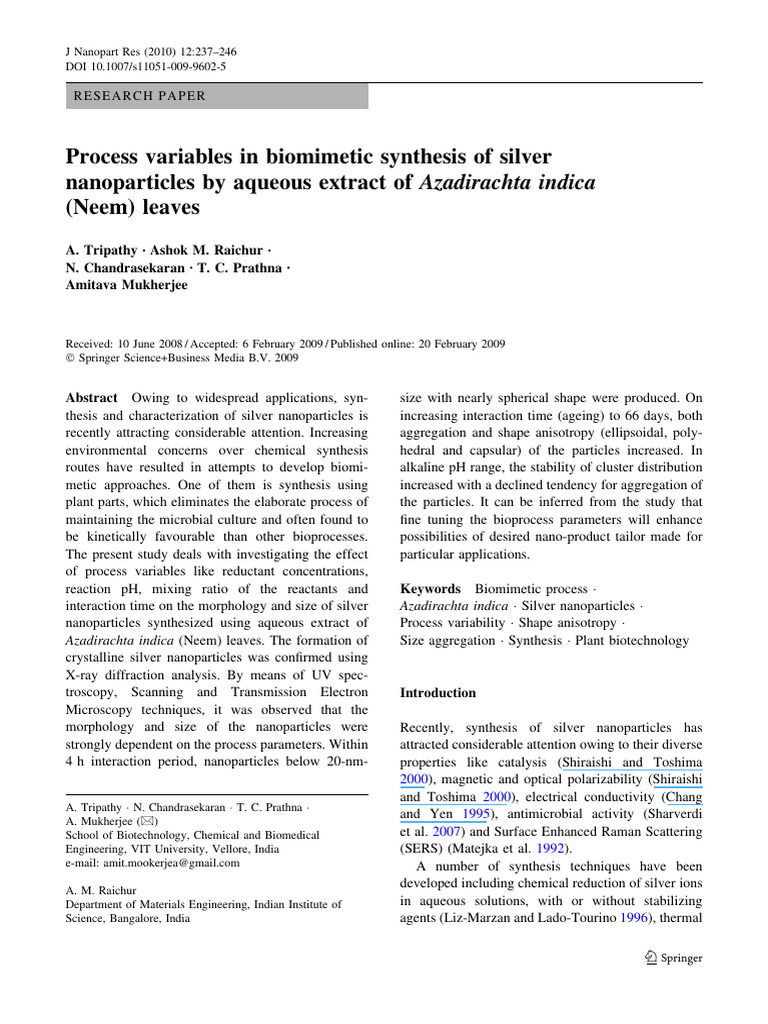 Process Variables in Biomimetic Synthesi | PDF | Nanoparticle | Surface Plasmon Resonance