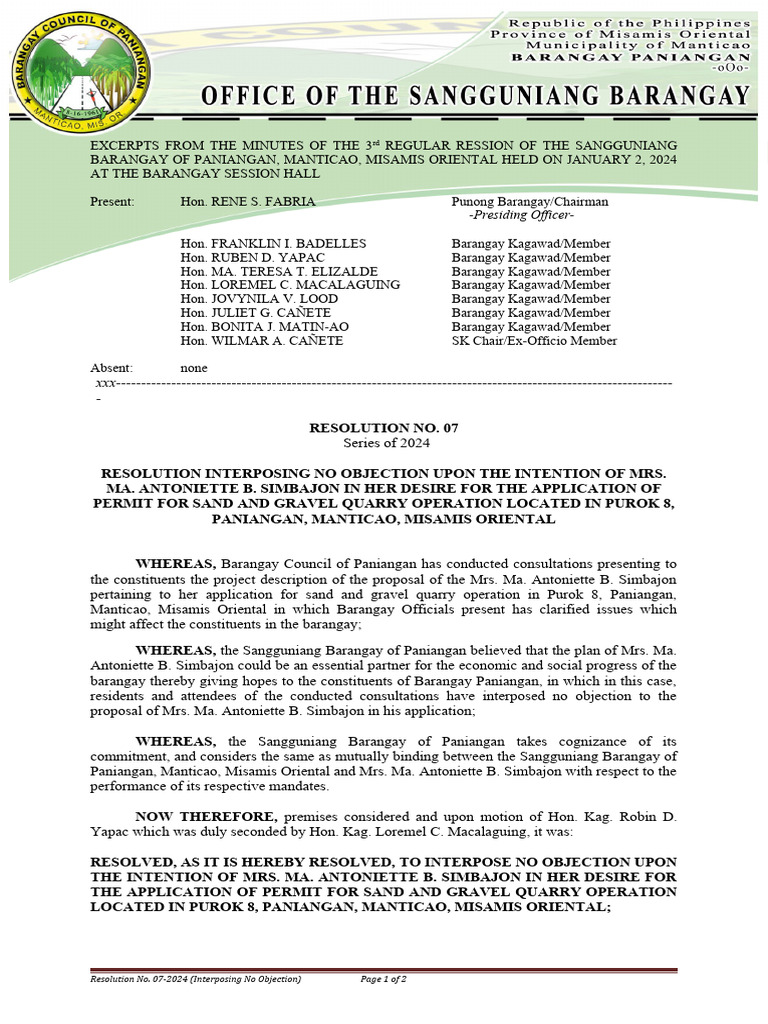 Resolution No. 07-2024 (Interposing No Objection Mrs. Simbajon) | PDF
