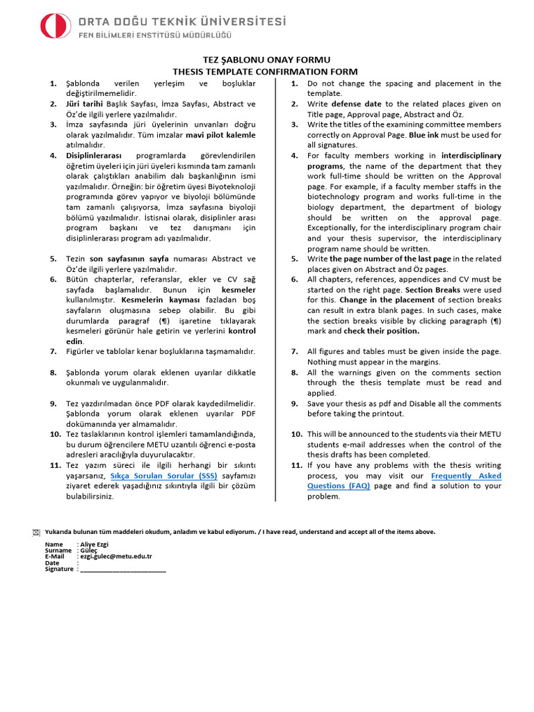 Tez Şablonu Onay Formu Thesis Template Confirmation Form | PDF