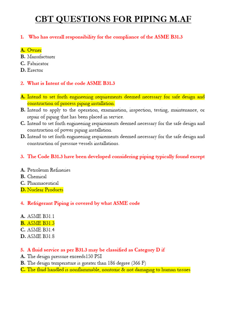 CBT QUESTIONS FOR PIPING. | PDF | Pipe (Fluid Conveyance) | Welding