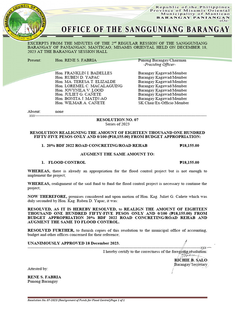 Resolution No. 07-2023 (Realign To Augment Flood Control) | PDF