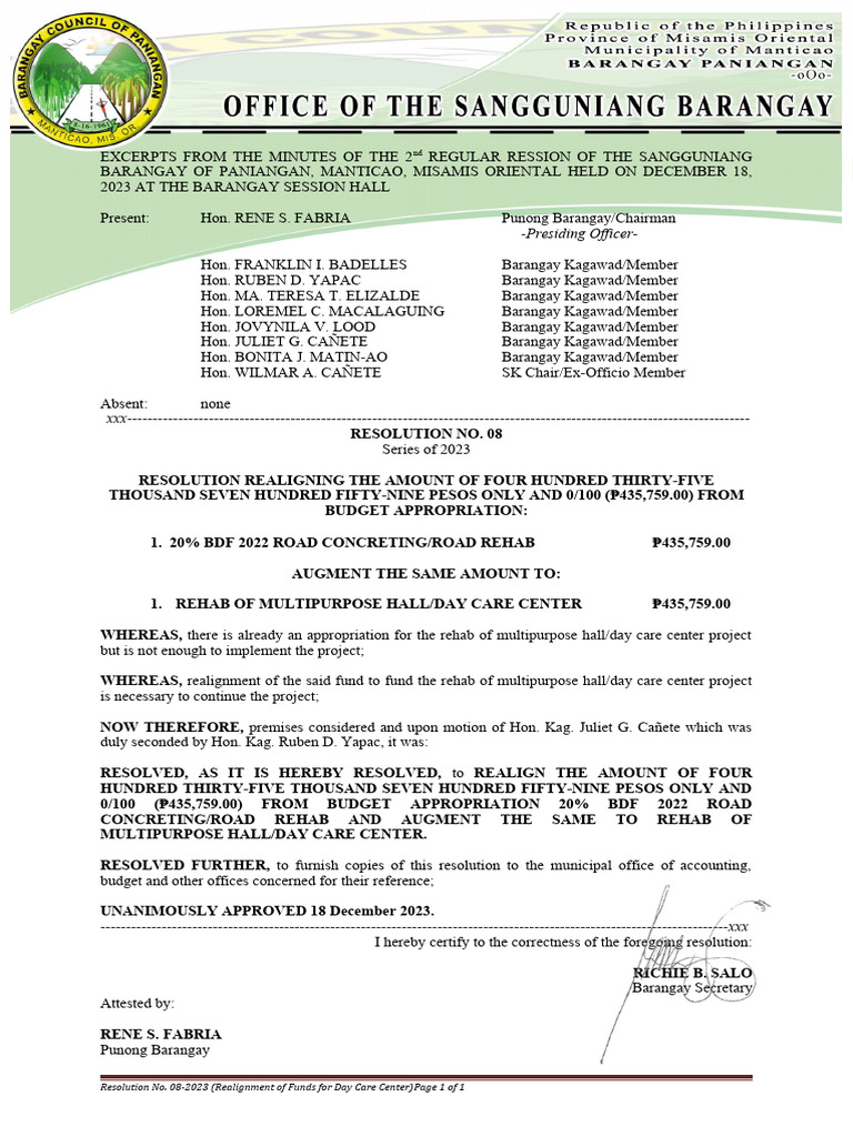 Resolution No. 08-2023 (Realign To Augment Day Care) | PDF