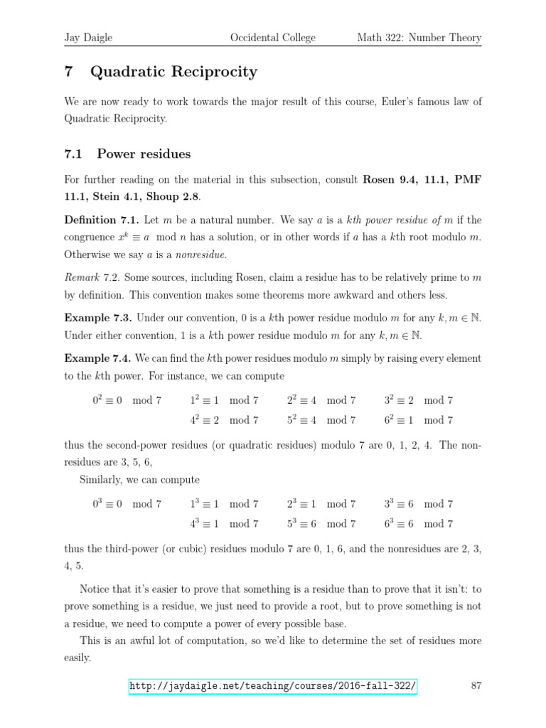 Math 322 7 Quadratic Reciprocity Notes | PDF | Number Theory | Mathematics