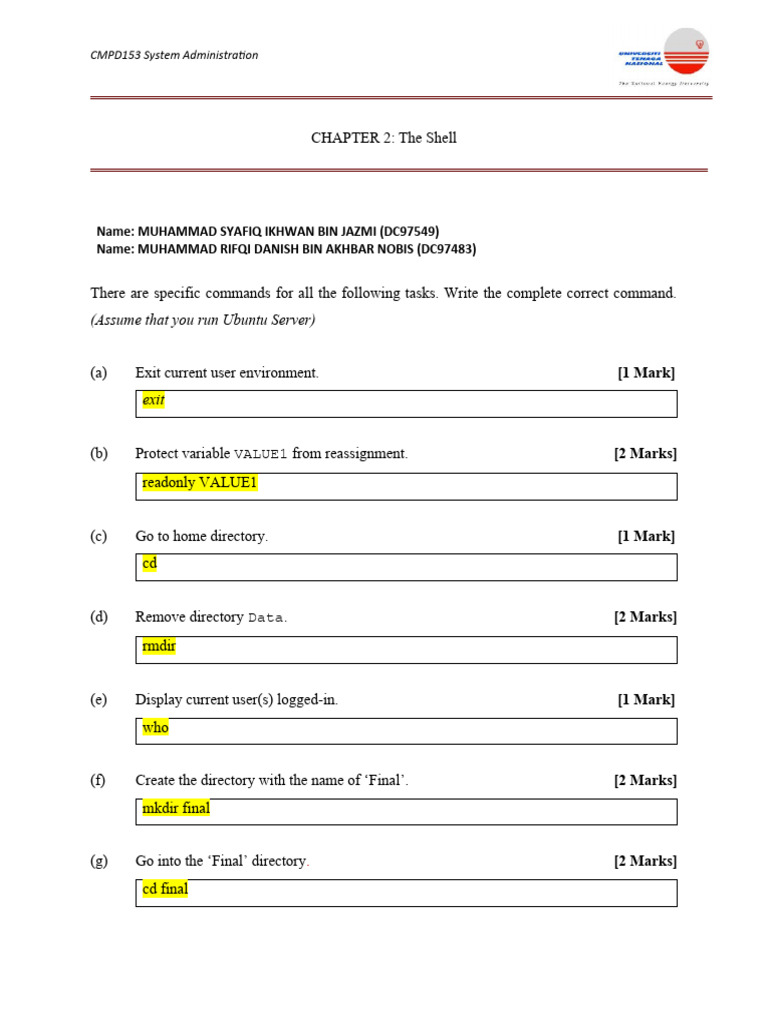 Chapter 2 - The Shell (Exercise) ANSWER copy | PDF | File Transfer Protocol | Directory (Computing)
