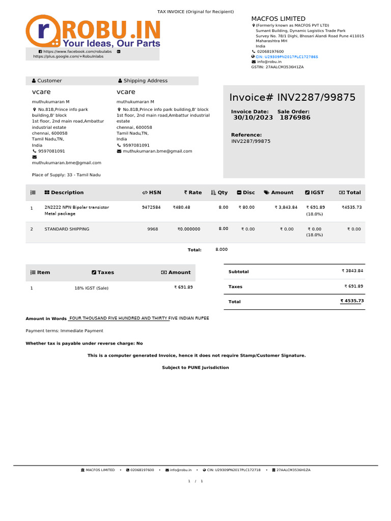 Transistor Robu Bill | PDF | Invoice | Economies