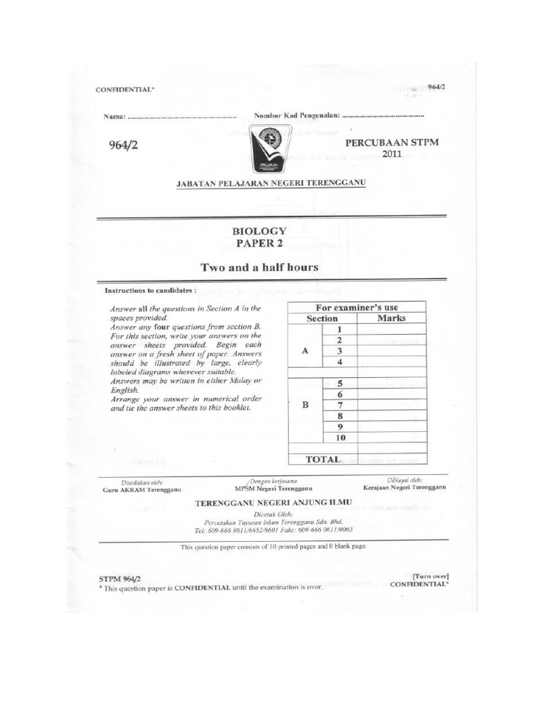Trial Exam STPM Terengganu 2011 Bio p2 Question | PDF