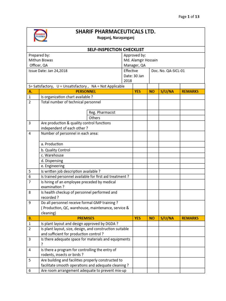 Pharmaceutical Self-Inspection Checklist | PDF | Sterilization ...