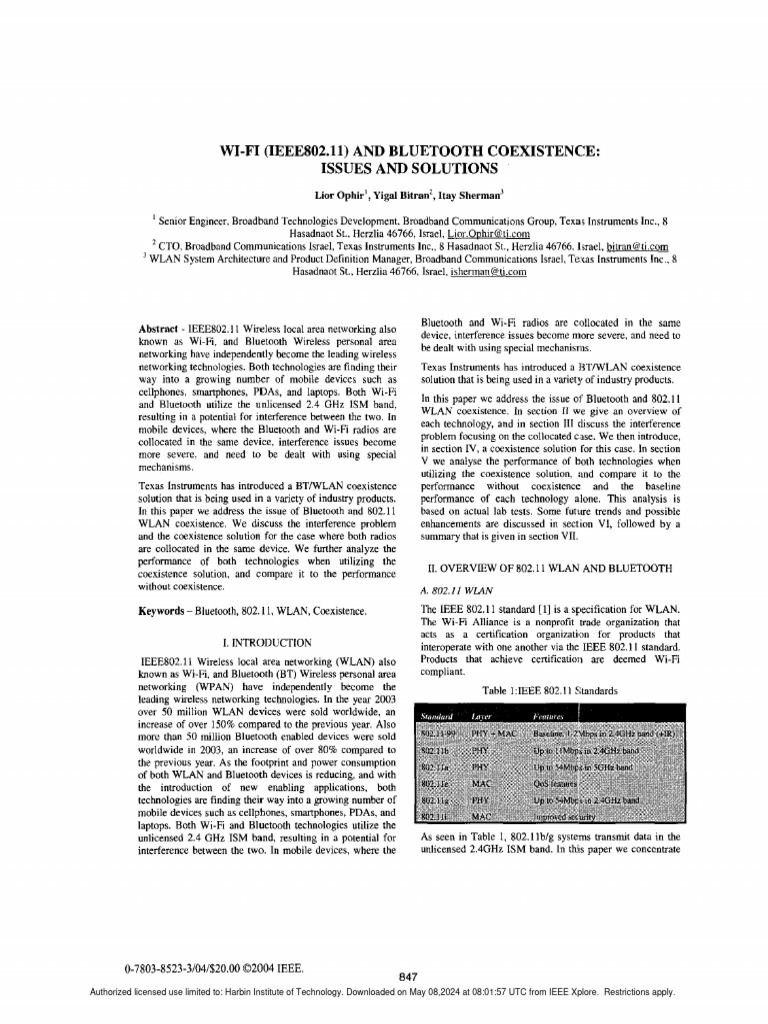 Wi Fi Ieee 802 11 And Bluetooth Coexistence Issues And Solutions Pdf Ieee 802 11 Wi Fi