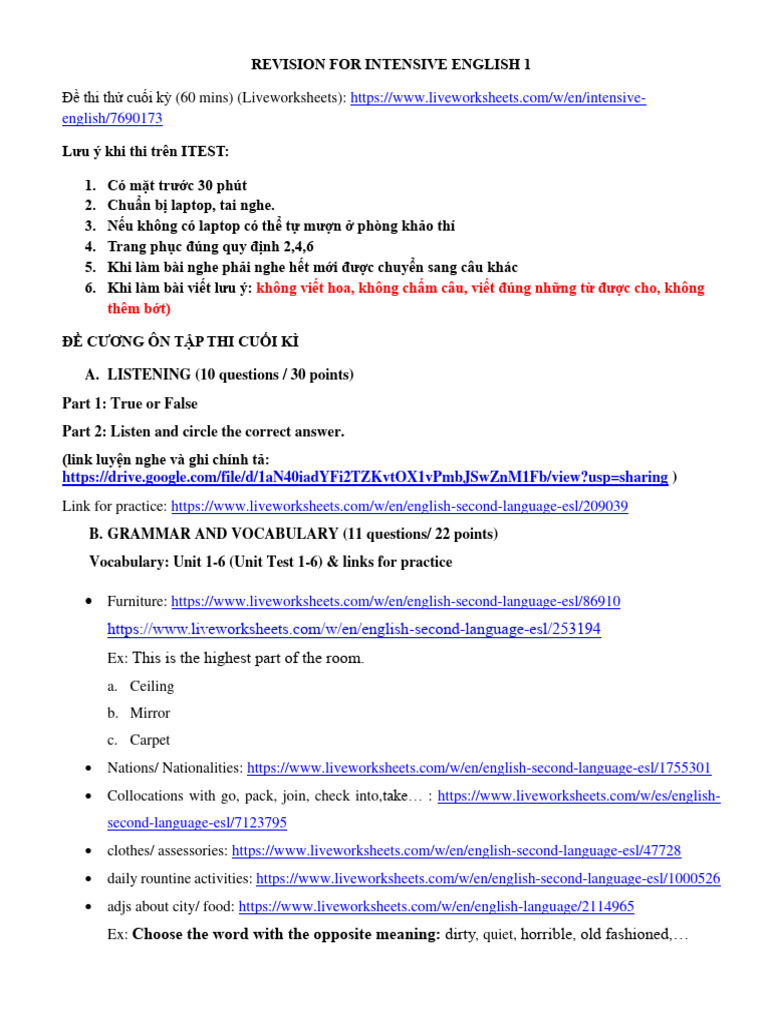 Revision For Intensive English 1 | PDF