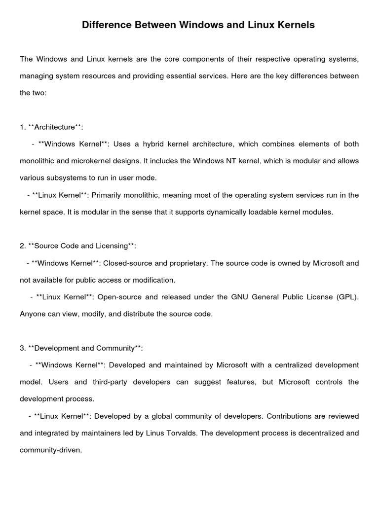 Difference Between Windows and Linux Kernels | PDF | Kernel (Operating ... Difference Between Windows and Linux Kernels | PDF | Kernel (Operating ...