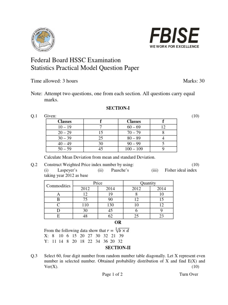 Practical Model Papes Statistics HSSC | PDF | Price Indices | Mean