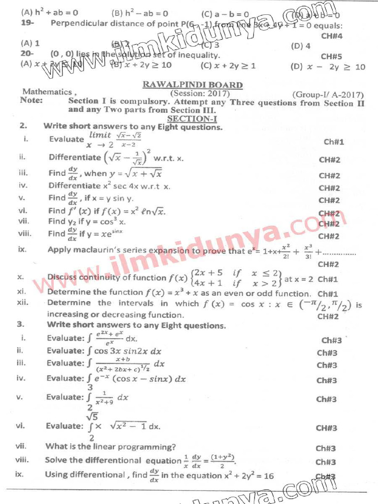 Past Papers 2017 Rawalpindi Board Inter Part 2 Mathematics English Version Subjective | PDF