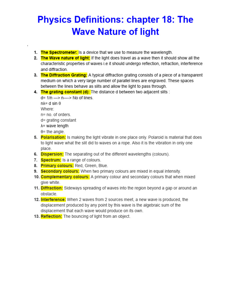 Physics Definitions - Chapter 18 - The Wave Nature of Light | PDF | Diffraction | Wavelength