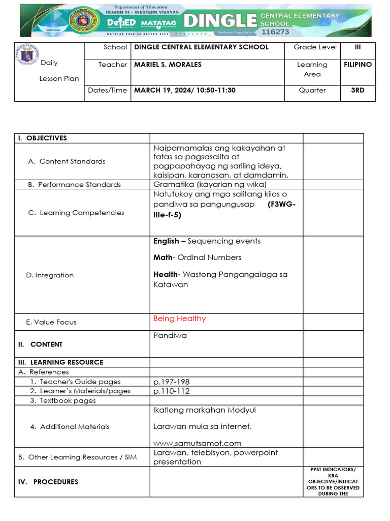 Lesson Plan Sample FILIPINO Morales Mariel DCES | PDF
