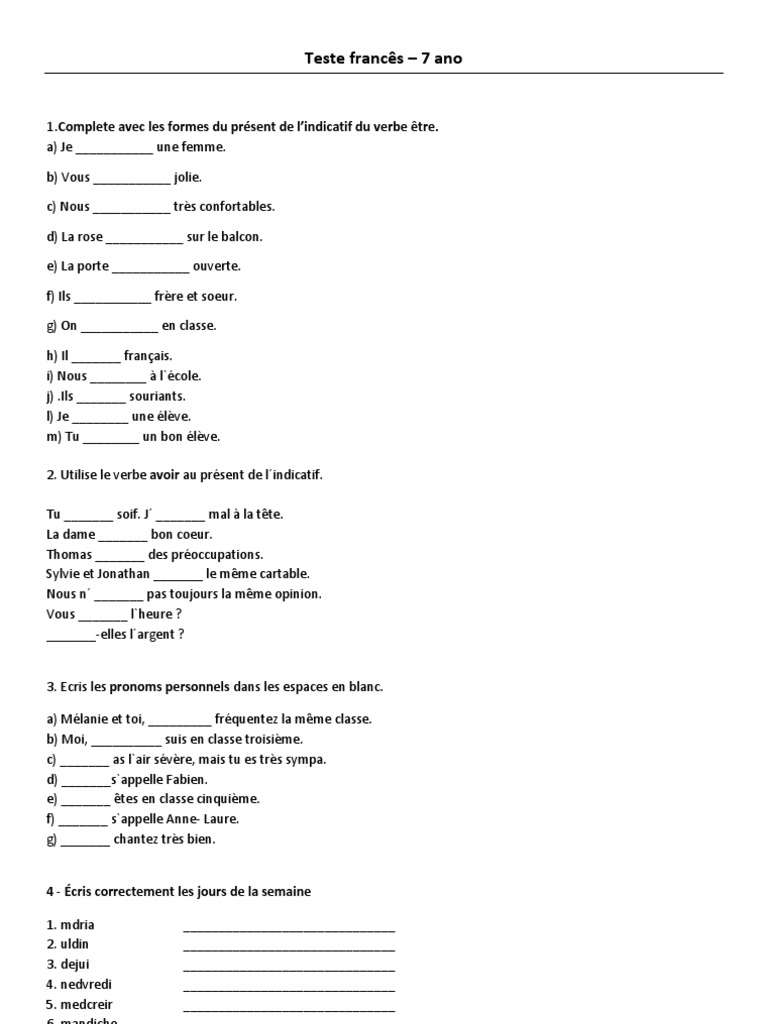 Teste Francês - 7º Ano | PDF