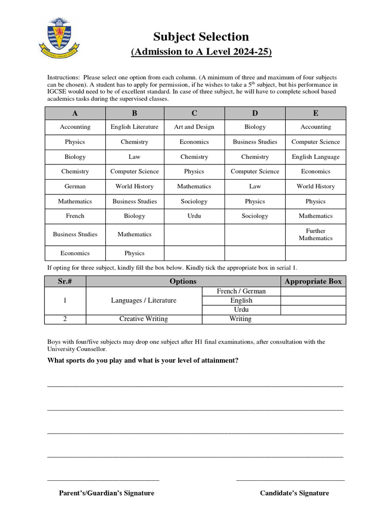 Subject Selection Form 2024-25 | PDF | Science | Educational Stages