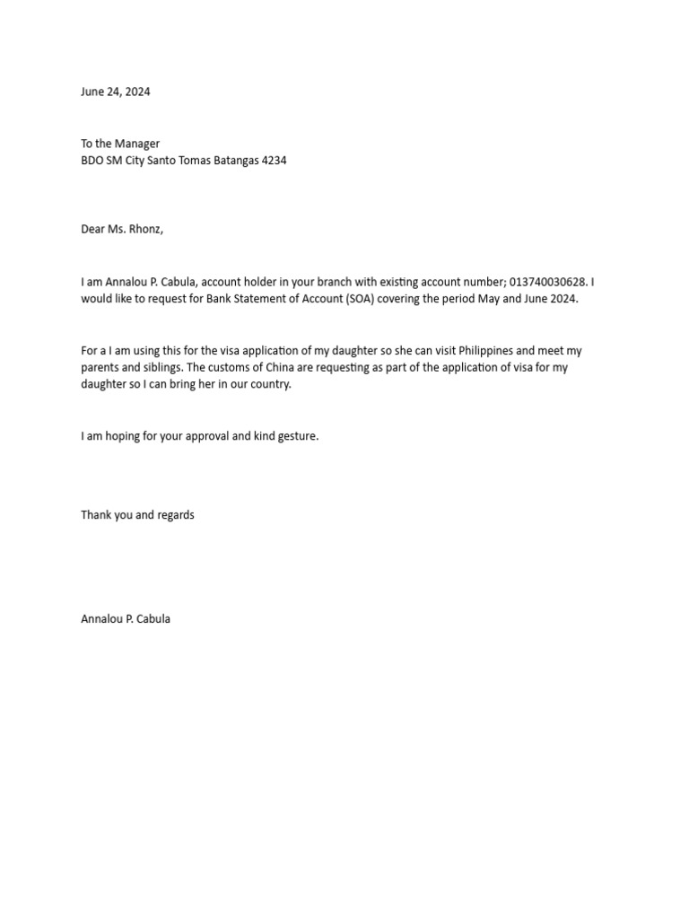 BDO Letter of Request for SOA | PDF