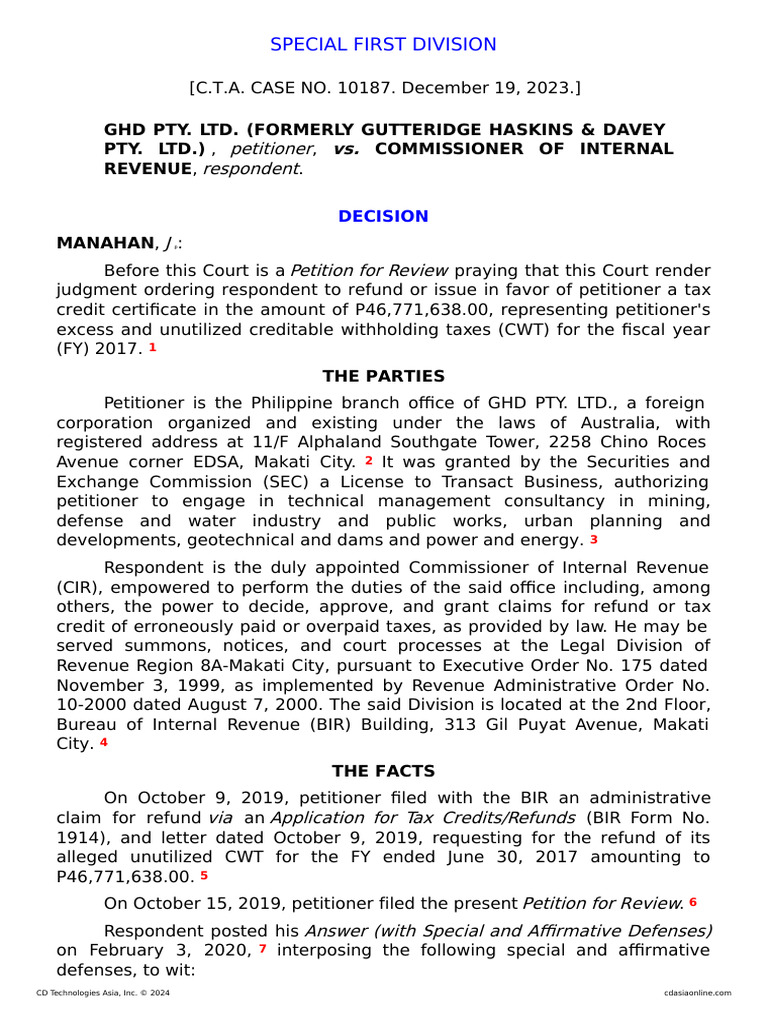 Tax Refund Dispute: GHD PTY. LTD. vs. CIR | PDF | Tax Credit | Taxes