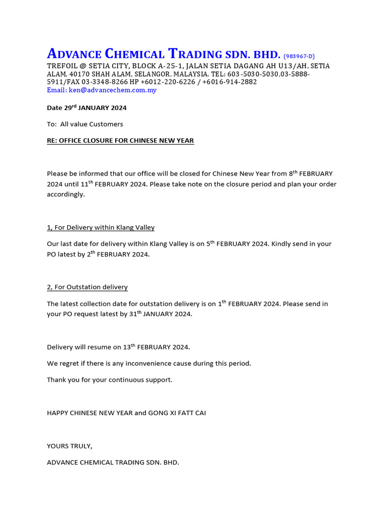 Office Closure for Chinese New Year 2024 | PDF
