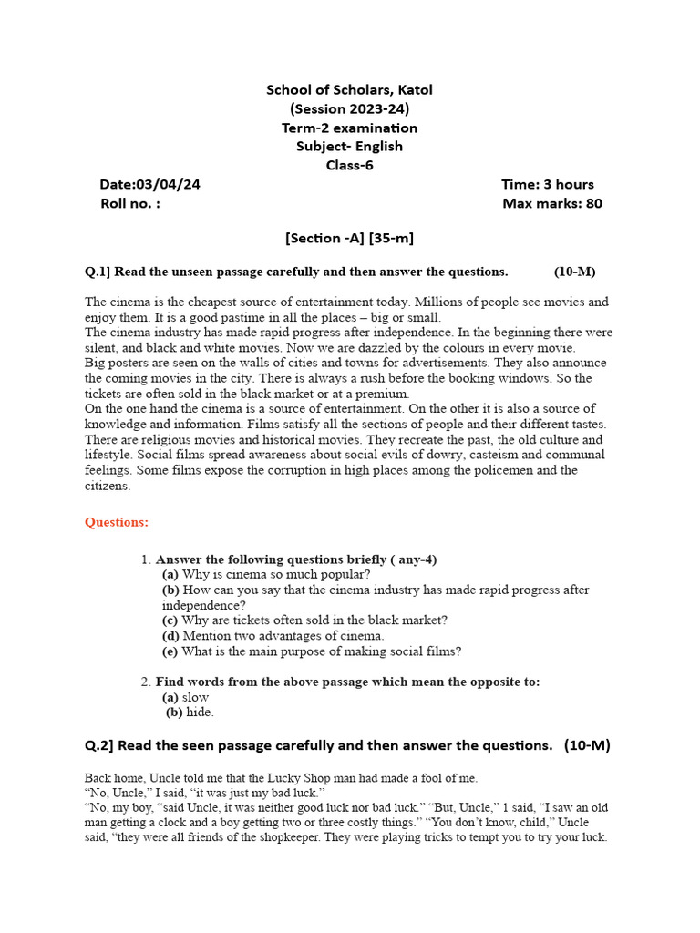 Annual ENG Que-Paper of Class-6 SOS | PDF | English Grammar | Adverb