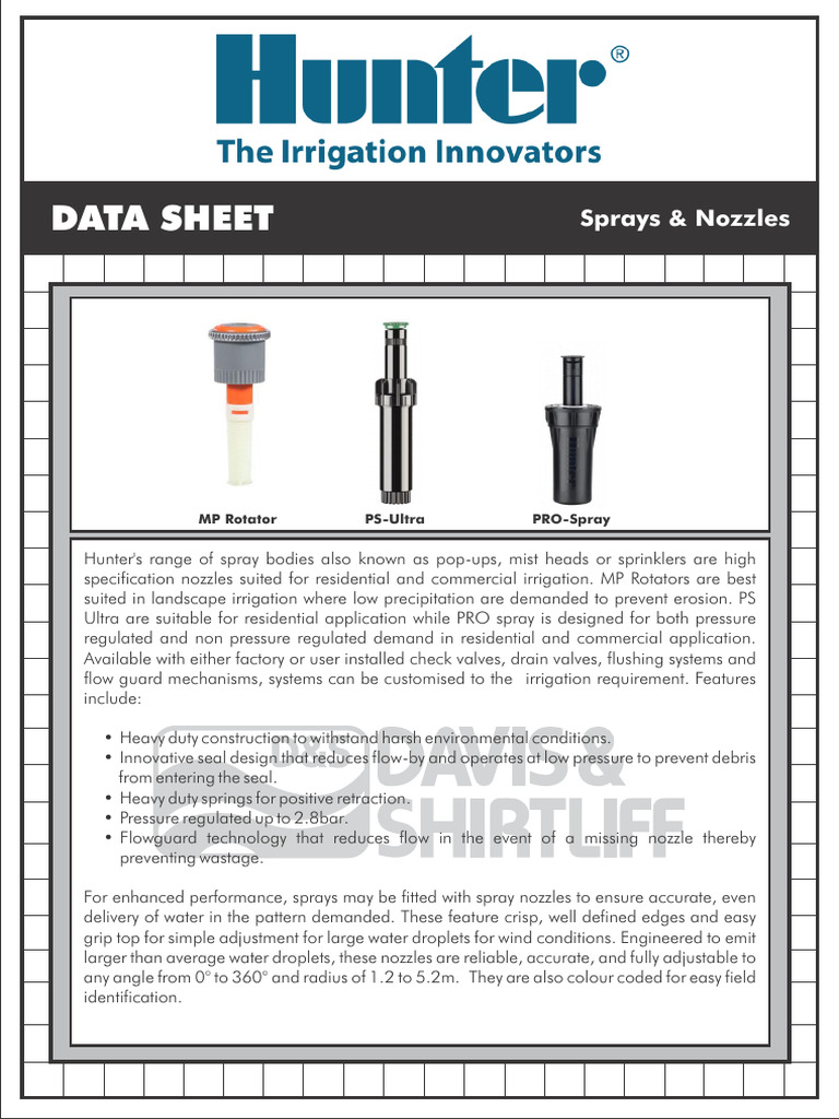 Hunter Sprays Datasheet | PDF | Irrigation | Valve