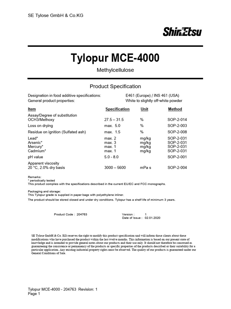 Product Specification - Tylopur MCE-4000 | PDF | Materials