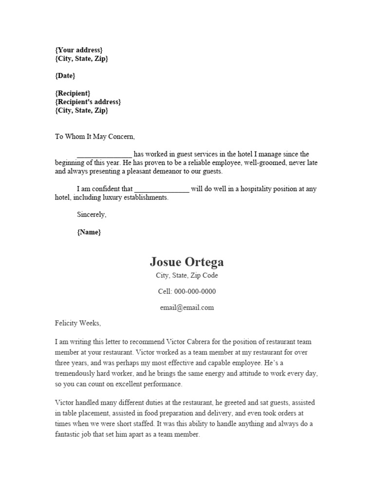 Hotel Recommendation Letters | PDF | Restaurants | Waiting Staff