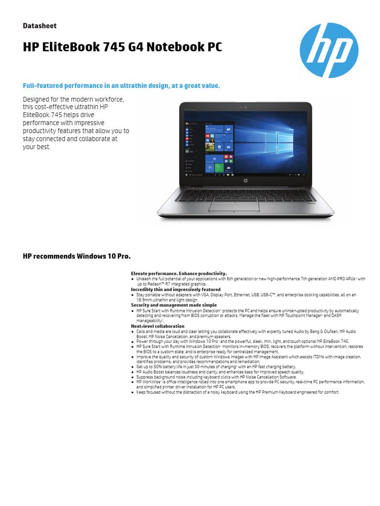 HP EliteBook 745 G4-Datasheet | PDF | Windows 10 | Laptop