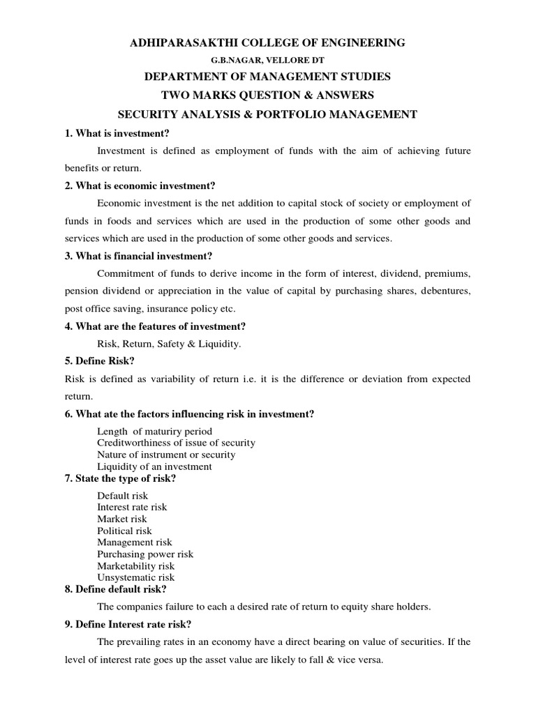 Sapm 2 Marks Pdf Stocks Investing