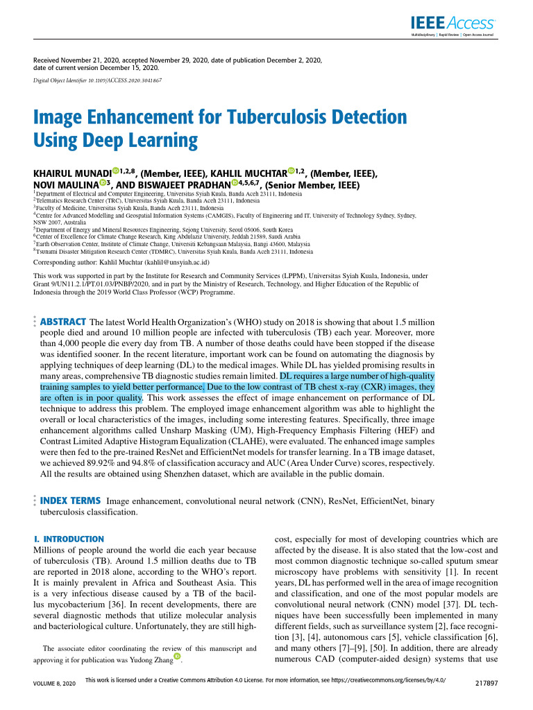 Image Enhancement For Tuberculosis Detection Using Deep Learning Pdf Computers Technology