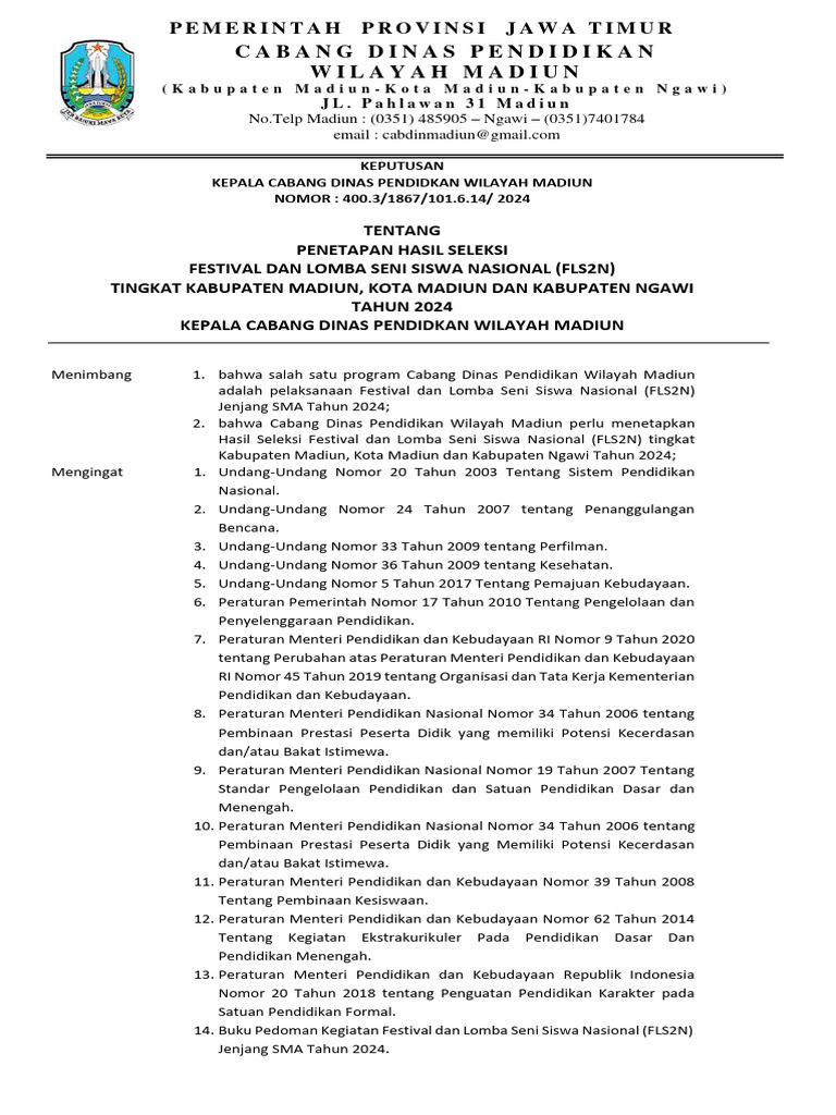Hasil Seleksi FLS2N 2024 Madiun | PDF