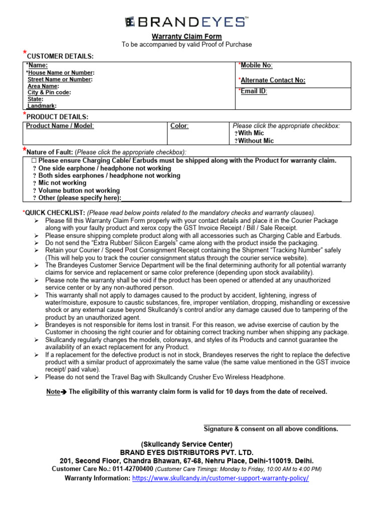 Warranty Claim Form: House Name or Number: Street Name or Number: Area ...
