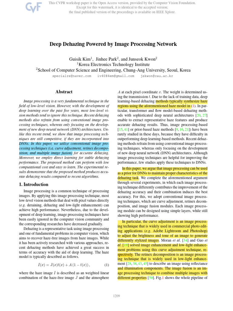 Kim Deep Dehazing Powered by Image Processing Network CVPRW 2023 | PDF | Deep Learning ...