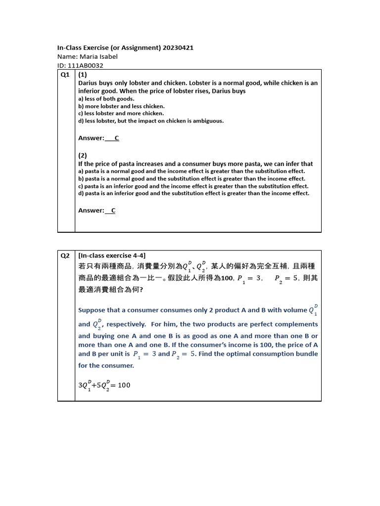 In Class Exercise 2 | PDF | Economic Theories | Consumers