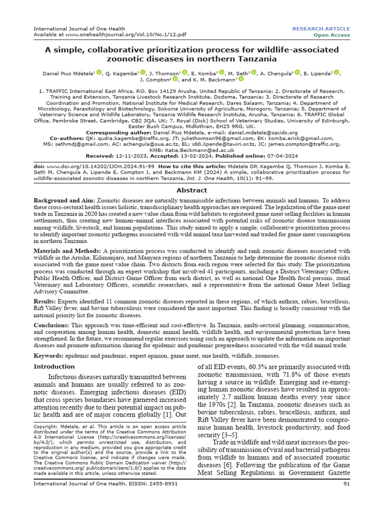 A Simple, Collaborative Prioritization Process For Wildlife-Associated Zoonotic Diseases in ...
