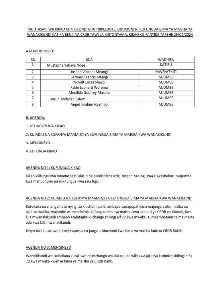 Muhtasari Wa Kikao Cha Kikundi Cha Bank | PDF