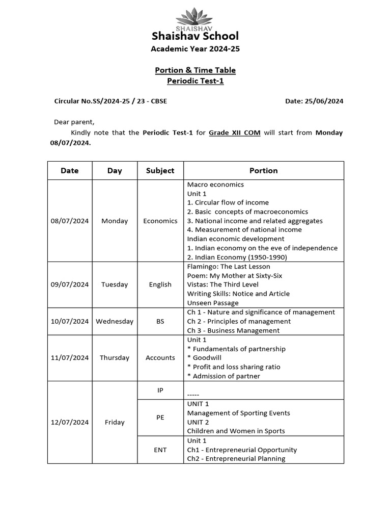 Shaishav School Grade XII PT-1 Timetable | PDF | Economics | Economies