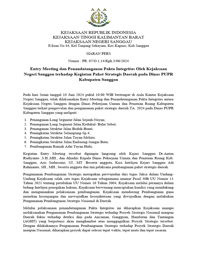 Pers Rilis Penandatanganan Pakta Integritas Antara Kejari Sanggau Dan Dinas PUPR Sanggau | PDF ...