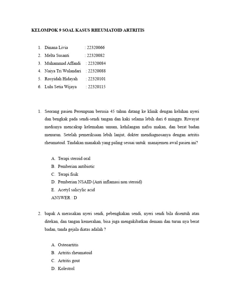 Kelompok 9 Soal Kasus Rheumatoid Artritis | PDF | Pengembangan Diri | Sains & Matematika